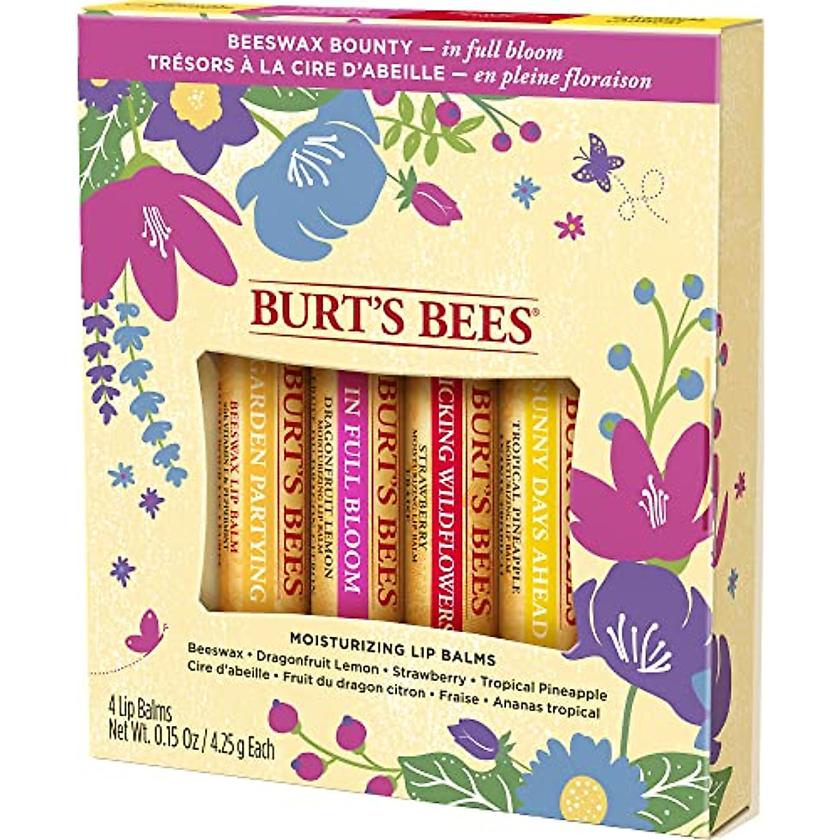 Burt's Bees Gifts, 4 Lip Balm Products, In Full Bloom Set - Original Beeswax, Dragonfruit Lemon, Tropical Pineapple & Strawberry (4 Pack)