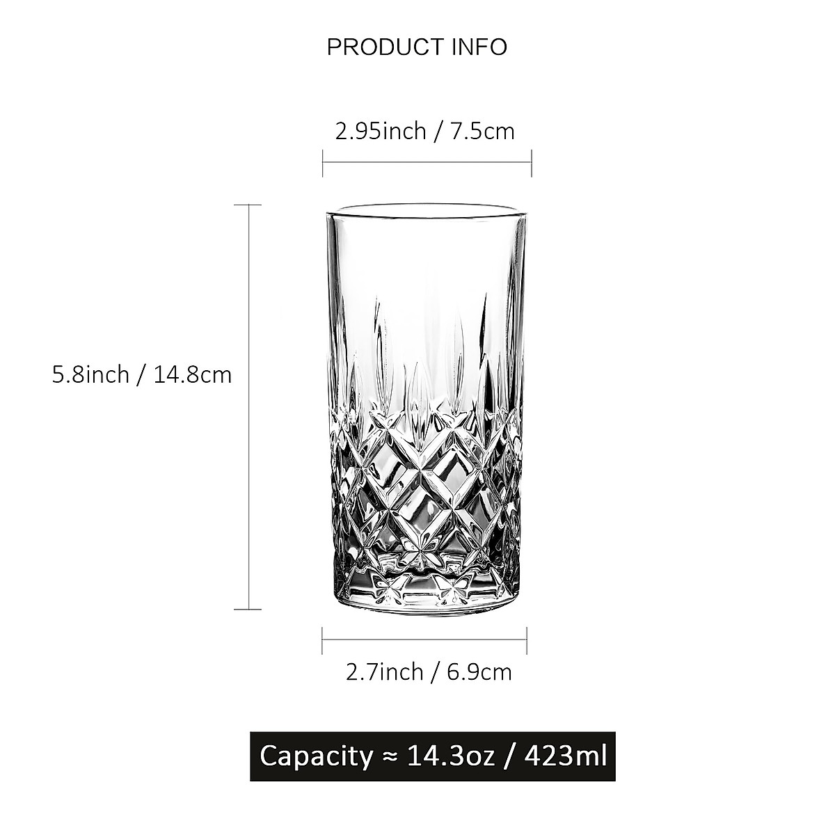 binsakao Highball Glasses Collins Tall Beverage Set of 6, 14 Ounce Cups Glassware for Drinks, Water, Beer, Soda