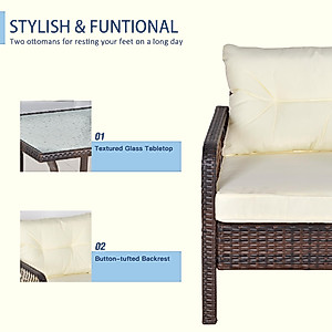 Outsunny 5-Piece PE Wicker Patio Furniture Set, Conversation Set with Outdoor Ottomans, Table & Chairs, Small Balcony Furniture for Apartments, Steel, Cream White