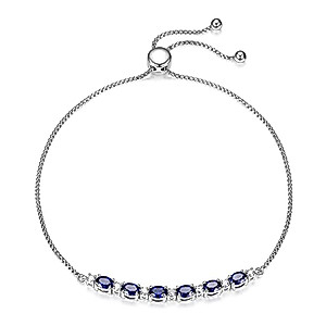 Amazon Essentials 0.175 cttw Lab Grown Diamond and Created Blue Sapphire 925 Sterling Silver Bar Bolo Adjustable Bracelet (H-I Color, I1 Calarity) (previously Amazon Collection)