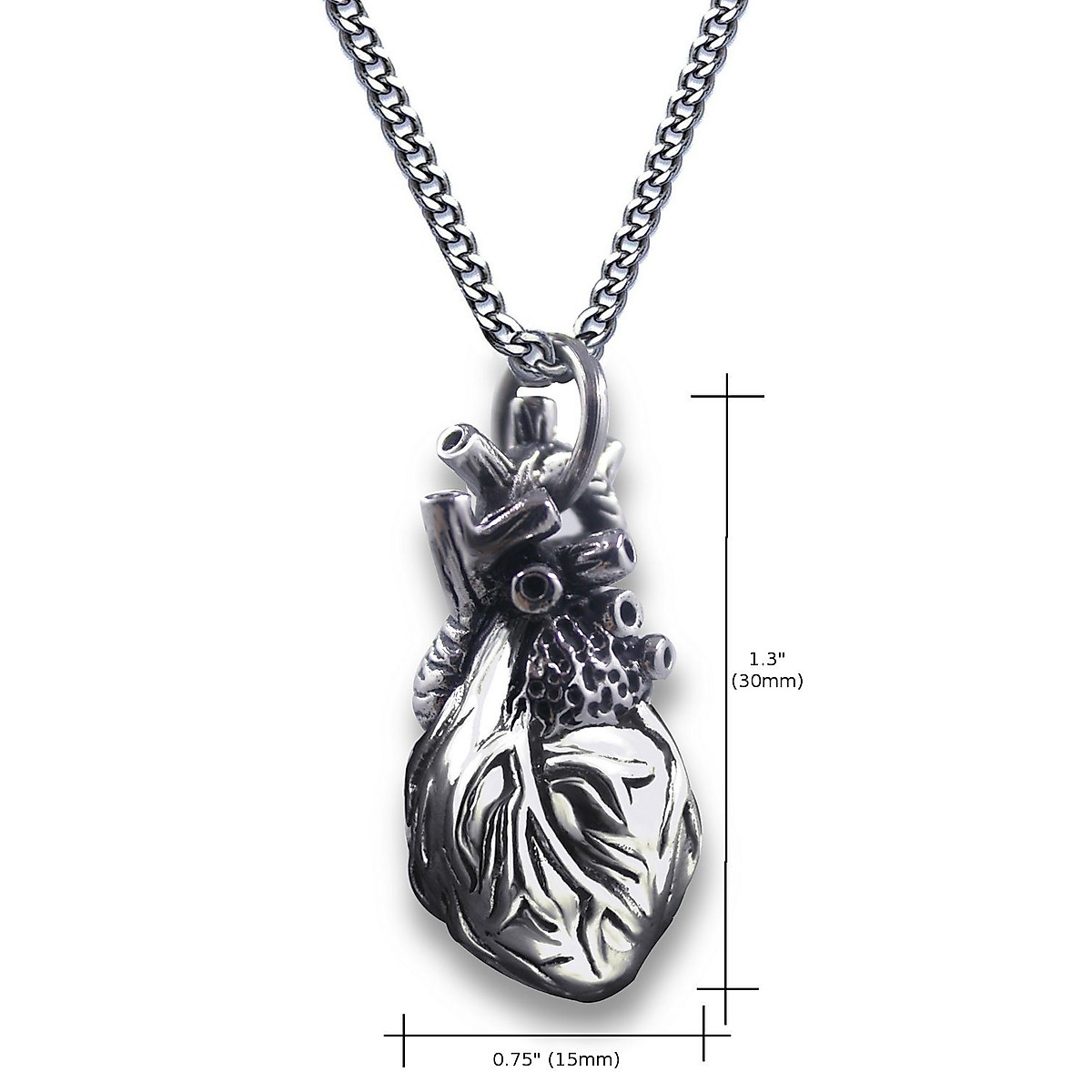 Pearlina Anatomical Heart Necklace Man or Woman 3D Pendant Oxidized Antique-Finish Stainless Steel, 24"