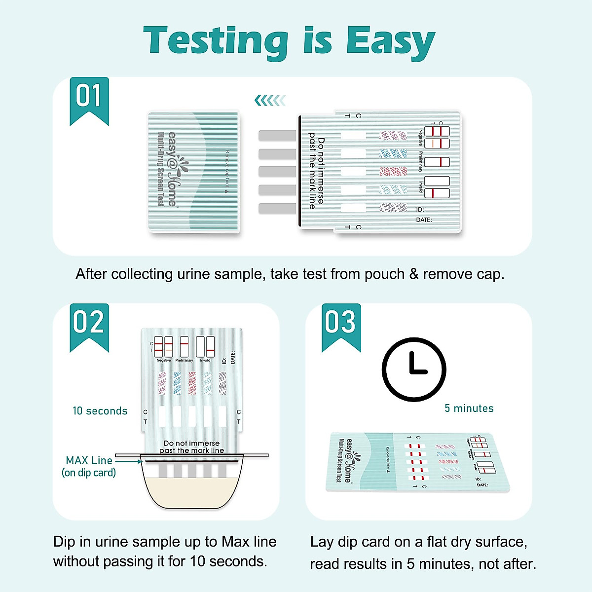 Easy@Home 5 Panel Instant Drug Test Kits [25 Pack] - Testing Marijuana (THC), COC, OPI 2000, AMP, MET/mAMP- Urine Dip Drug Testing -#EDOAP-254