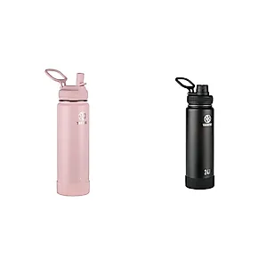 Takeya Actives Insulated Stainless Steel Water Bottle with Straw Lid, 24 Ounce, Blush & Actives Insulated Stainless Steel Water Bottle with Spout Lid, 24 oz, Onyx