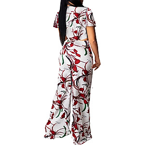 Casual Two Piece Beach Sets for Women Sexy Short Sleeve Off Shoulder Top Straight Long Pants White Floral Vacation Outfits(2X-Large)