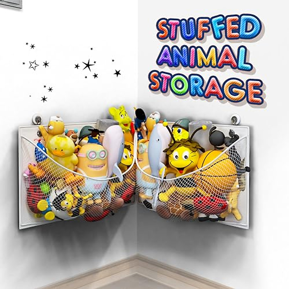 Stuffed Animal Storage Ideas, Stuffy Storage, Stuffed Animal net or Hammock, Kids Wall Corner Stuffed Animals Toy Hammock , Holder, Bear Organizer, Basket, Stuff, Zoo, Hardware Included (White)