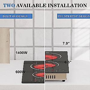 Jessier 12 Inch Electric Cooktop - 2 Burner Countertop & Built-in Electric Stove Top, 120V Plug in Electric Cook Top, Timer, Safety Lock, Over-Temperature Protection, Sensor Touch Control