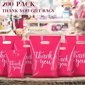 Eersida 200 Pcs Thank You Merchandise Bag Die Cut Shopping Bags with Handles 3 Sizes Plastic Gift Bags Retail Bags for Goodie Small Business Trade Bags Store Boutique Clothes (Pink)