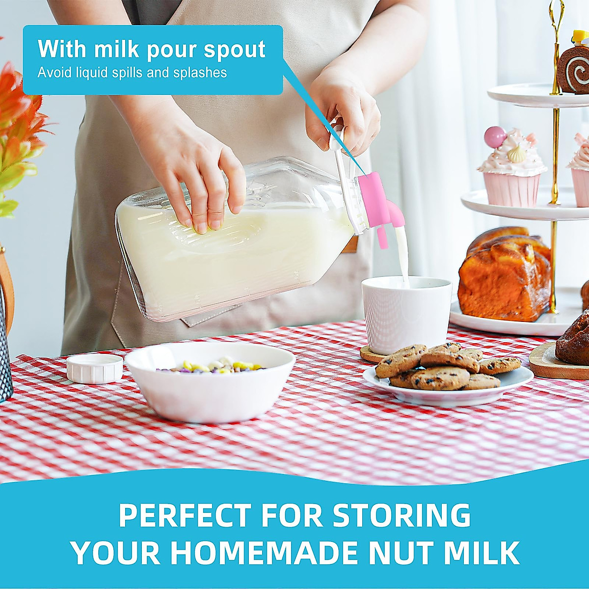 1 Pack 1/2 Gal Glass Milk Bottle with POUR SPOUT, REUSABLE AIRTIGHT SCREW LID - Glass Water Bottles - Glass Juice Bottles for Water, Almond Milk, 64 Oz Glass Milk Jug Pitcher with 2 Exact Scale Lines