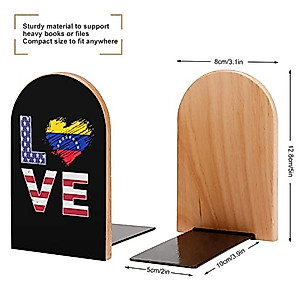 USA Venezuela Flag Heart Wood Book Ends for Shelves Non-Skid Bookend Book Stand Book Holder Stopper for Home Office School