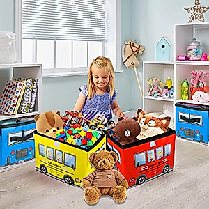 MMIAOO School Bus Pattern Toy Storage Organizer,Foldable Storage Box Organizer,Kids Toy Chest, Light Toy Chest with Lid Handles for Kids, Nursery, Closet, Bedroom, Playroom (Yellow)