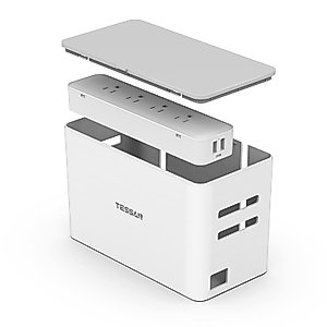 Power Strip with Cable Management Box, TESSAN 5 ft Flat Plug Extension Cord, 4 Outlets 2 USB Ports with Overload Switch, Mountable White Power Cord Organizer Charging Station for Dorm, Office, Home