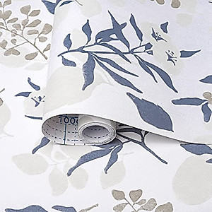 Floral Wallpaper Peel and Stick Blue Leaf Contact Paper 17.71'' x 236'' Vintage Plant Watercolor Self Adhesive Textured Wall Paper Vinyl for Home Decoration Boho Removable Wallpaper