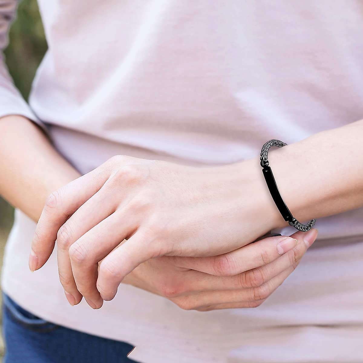 Natural Black Hematite Stone Beads Engraved Name ID Bracelet for Men Women Customized Kids Name Bracelet for Mom Dad Y1457