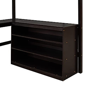 BOVZA Full Size Loft Bed with Desk and Shelves, Wooden Full Loft Bed Frame with Safety Guardrails for Kids Teens Adults, Espresso