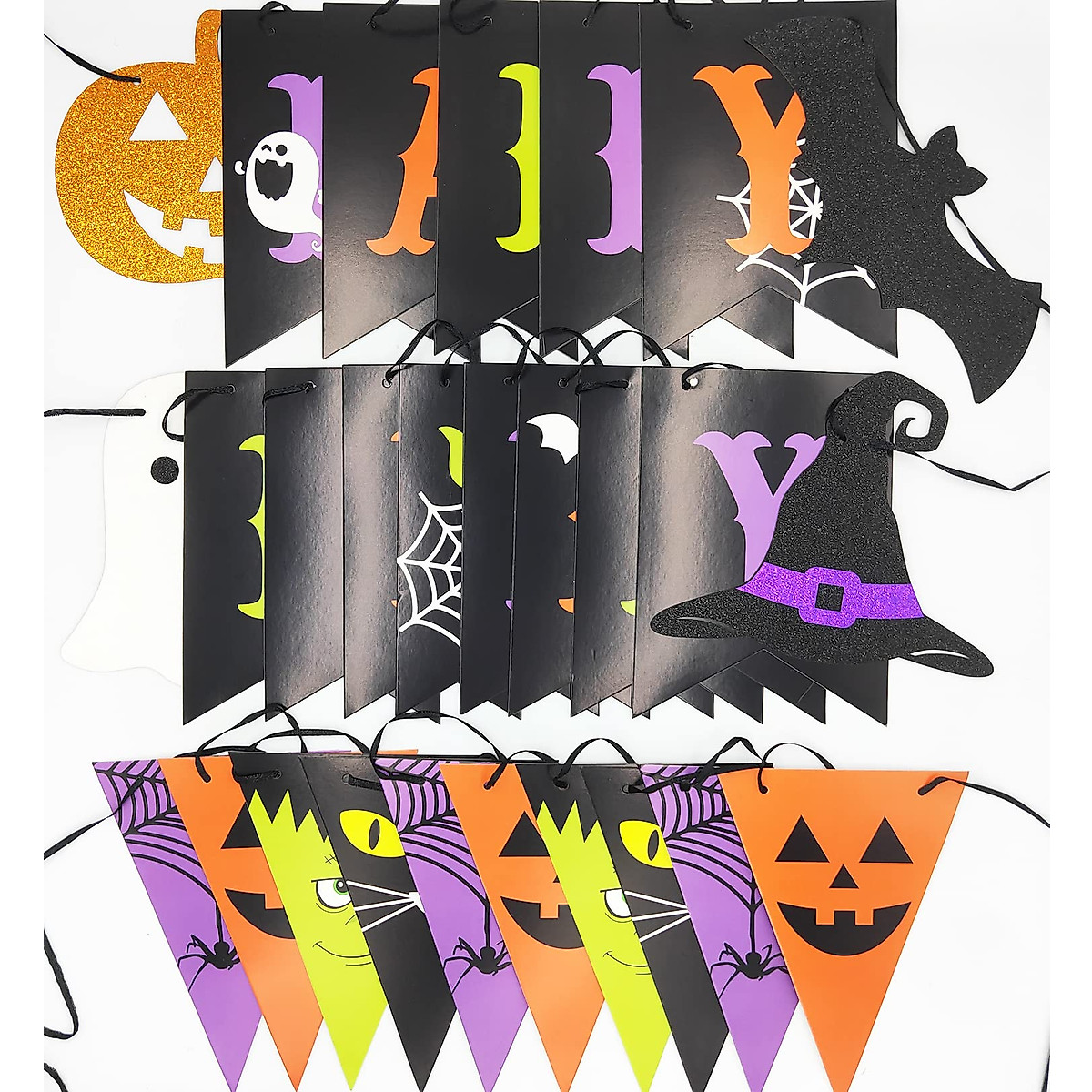 JKQ Colorful Halloween Happy Birthday Banner and Halloween Pattern Pennant Banner Halloween Birthday Paper Bunting Banner with Pumpkin Ghost Halloween Boys Girls Birthday Baby Shower Party Decorations