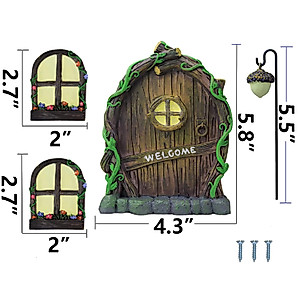 SONSIL Resin Miniature Fairy Gnome Home Windows and Welcome Door with Fairy Lantern,Glow in Dark Art Sculpture for Trees Outdoor Indoor Garden Yard Wall Decorations