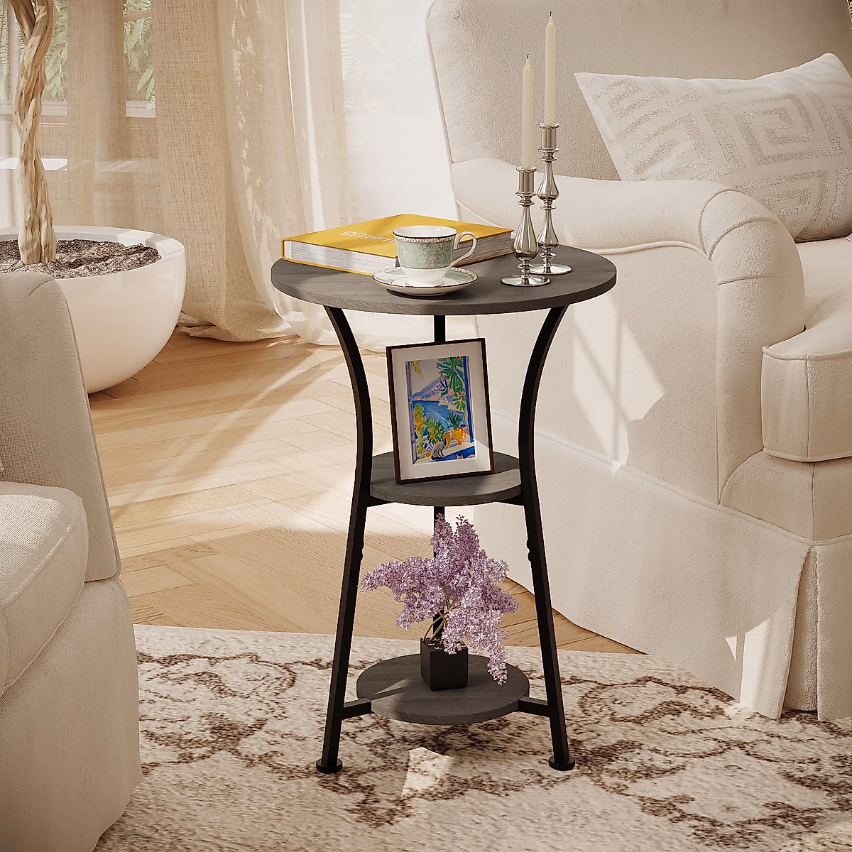 Dulcii Small Round End Table for Narrow and Small Space, 3-Tier Round Accent Couch Beside Table, Modern Side Table Corner Sofa Table Nightstand for Living Room Bedroom,Grey