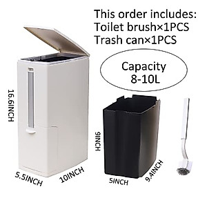 Cq acrylic Slim Plastic Trash Can with Press Top Lids for Bathroom,2.1 Gallon Garbage Can with Toilet Brush Holder,Waste Bin Between Wall & Toilet Dogproof Slim Rectangular Trash Bin for Toilet White