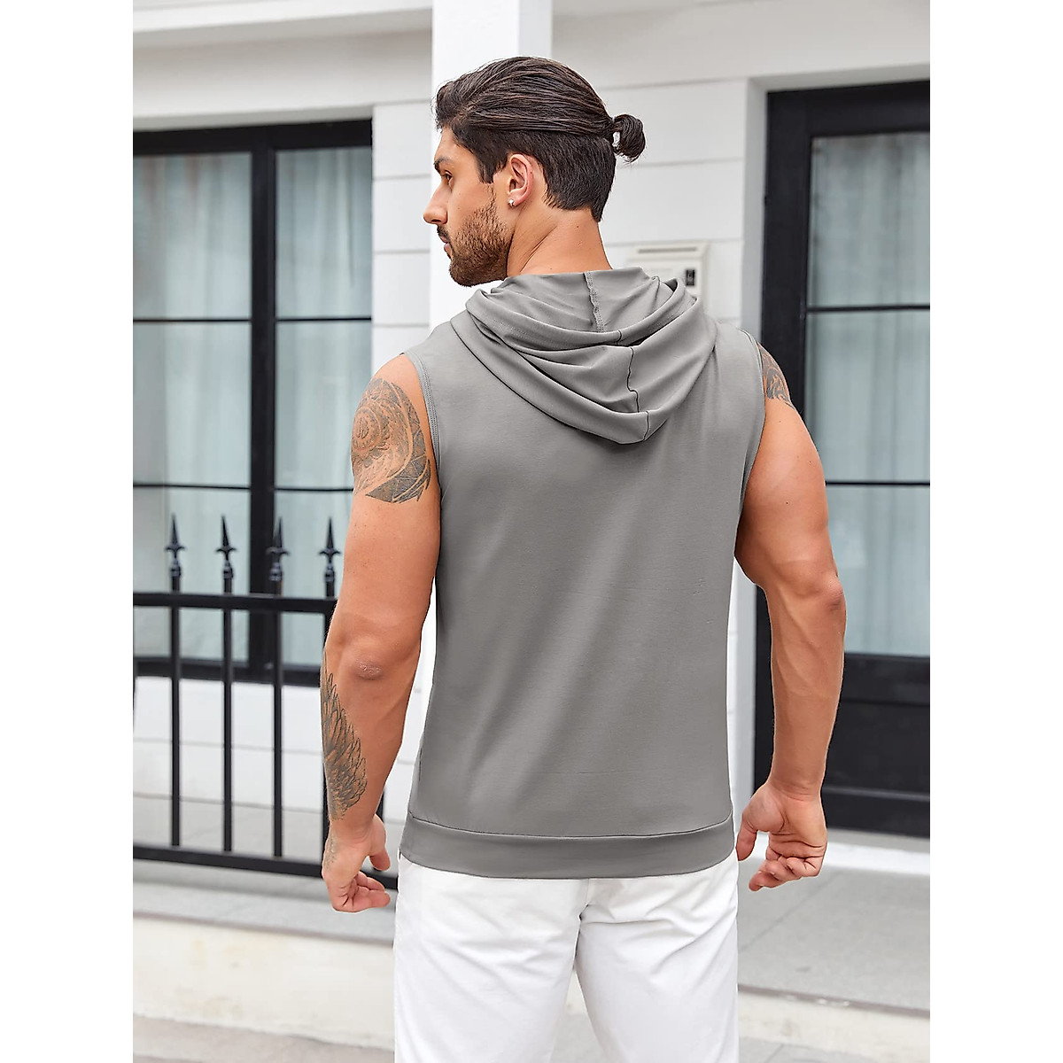 Makkrom Mens Workout Hooded Tank Tops Sports Training Sleeveless Gym Hoodies Bodybuilding Cut Off Muscle Shirts Grey