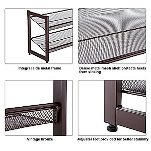 SONGMICS Shoe Rack, 2-Tier Stackable Shoe Storage Shelf, Flat or Angled Shoe Organizer, Metal Shoe Tower Stand for Closet Entryway, Bronze