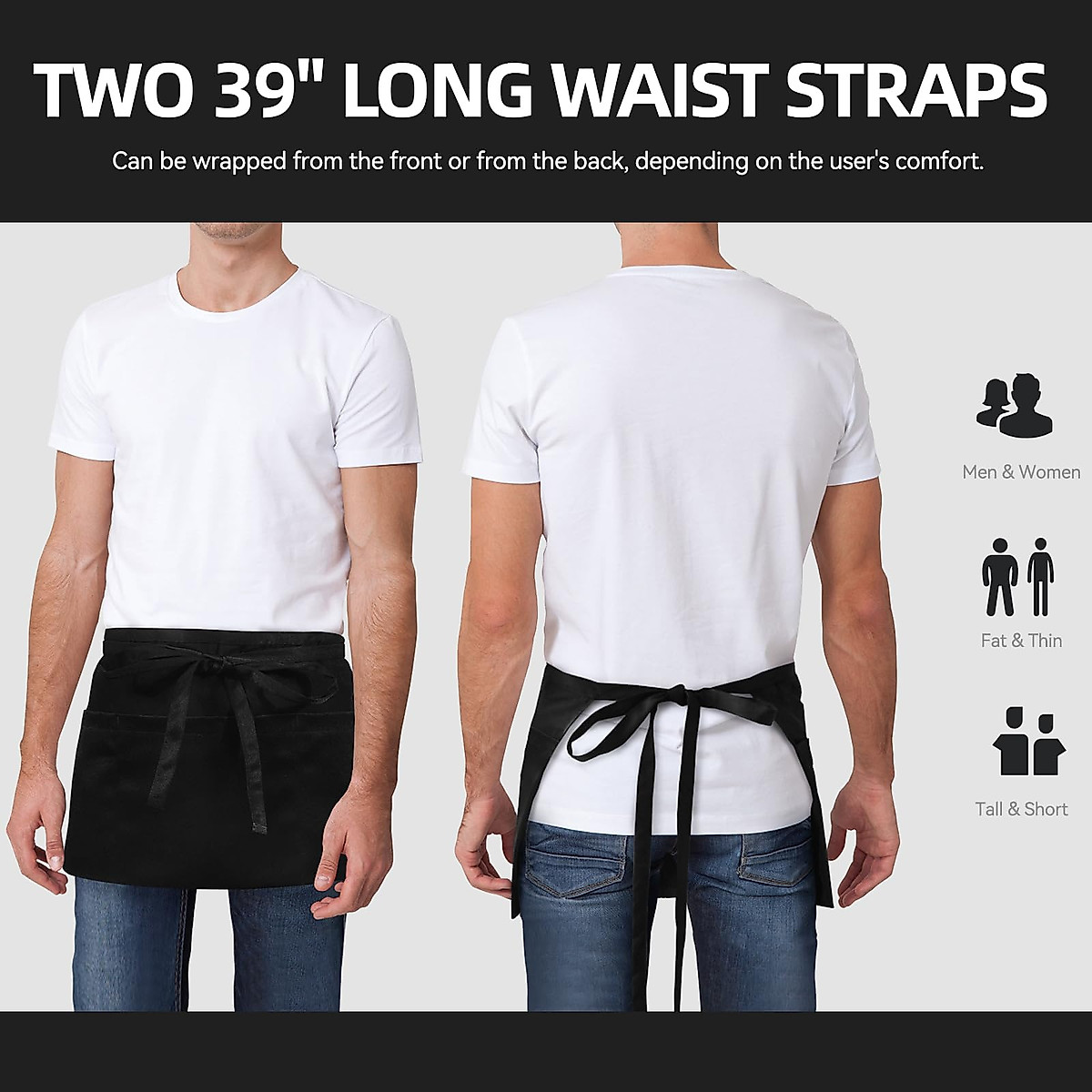 NLUS 3 Pack Server Aprons with 3 Pockets, Water Oil Stain Resistant Waitress Waiter Apron Black Waist Aprons Bistro Apron for Women Men, 24 X 12 inch