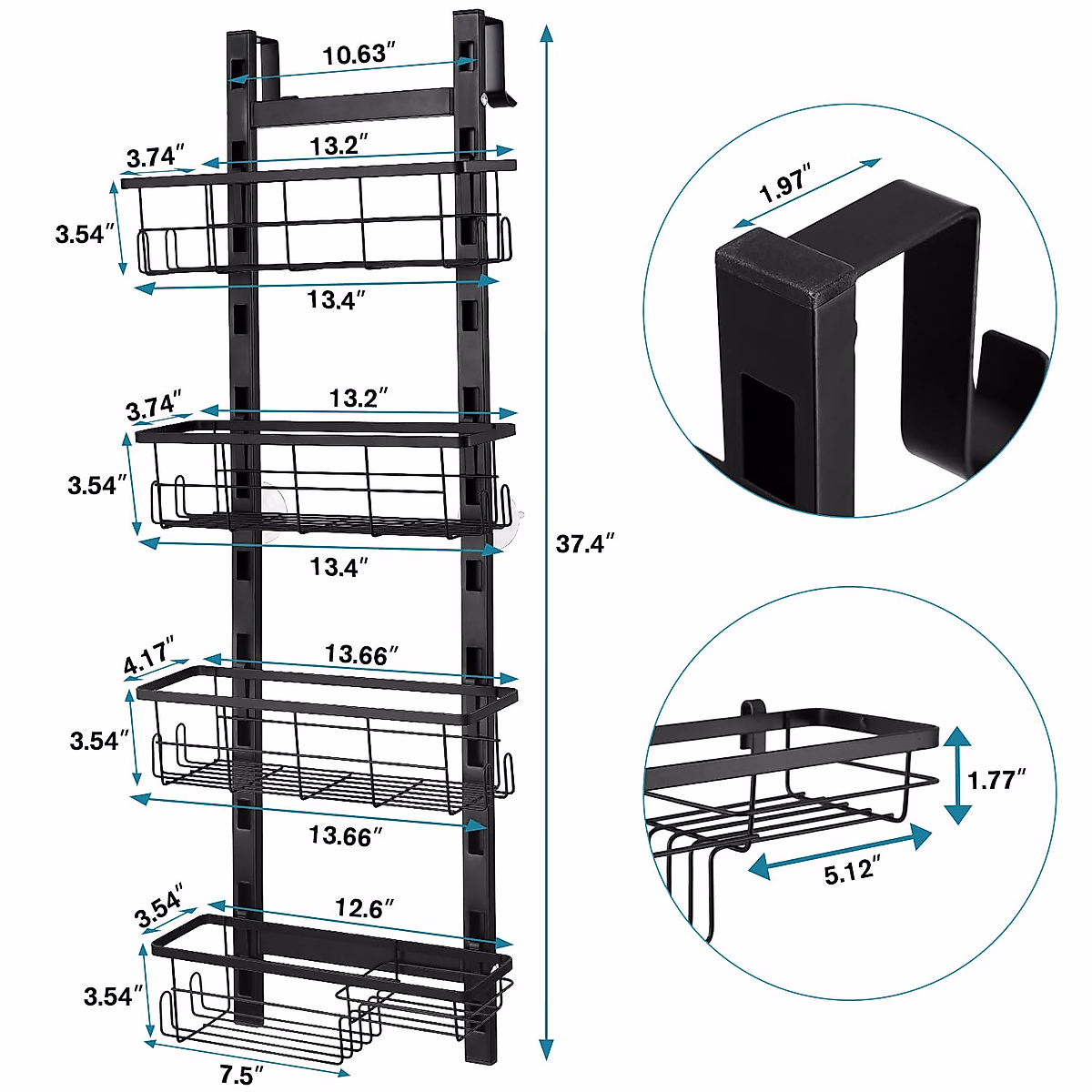AUROPEAK Over The Door Shower Caddy, Hanging Shower Organizer Rustproof No Drilling, Adjustable Shower Caddy Over the Door Storage Rack with 4-Tier Shelf, Soap Holder, Towel Hooks for Bathroom