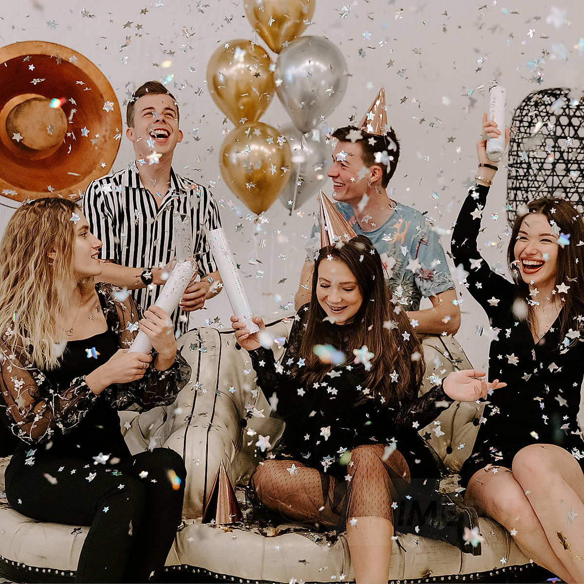 2 Pack Silver Stars Confetti Cannon Confetti Poppers | New Years Eve Party Supplies 2025 Party Poppers | Confetti Shooter for Decoration, Celebration, Birthday, Prank | Blaster Gun Glitters Tube Large