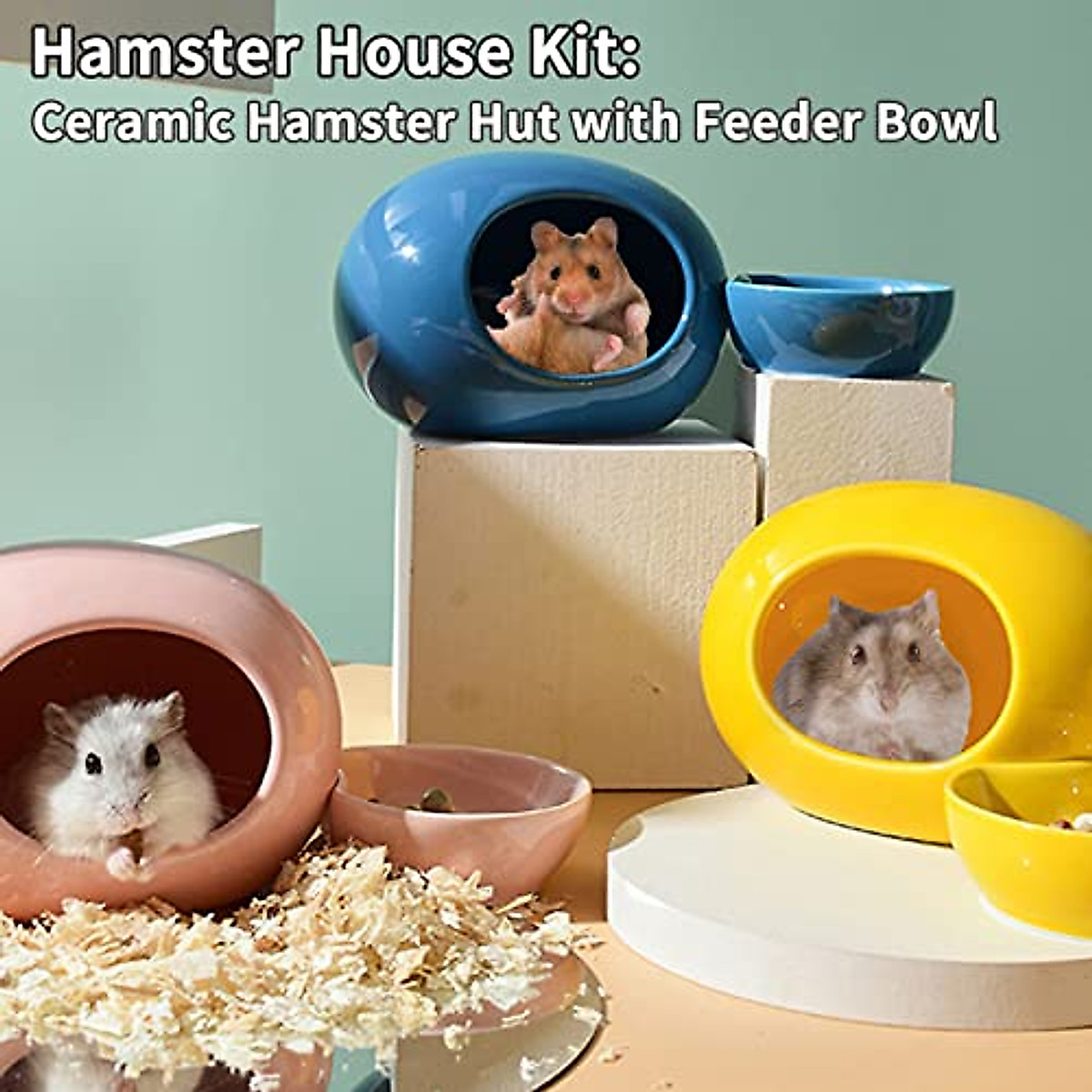 Hamiledyi Hamster House Ceramic with Bowl Small Pet Hideout Nest-Hamster Sand Bath-Dwarf Hamster Dust Bath Nesting Habitat for Syrian Hamsters Lemmings or Other Small-Sized Animals Hided (Yellow)