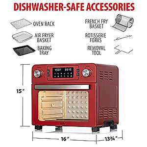 Deco Chef 24 QT Red Stainless Steel Countertop 1700 Watt Toaster Oven with Built-in Air Fryer and Included Rotisserie Assembly, Grill Rack, Frying Basket, and Baking Pan