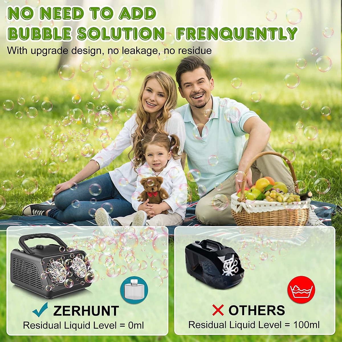 Zerhunt Bubble Machine| 20000+ Bubbles Per Minute Bubble Machine Blaster for Kids| Electric Bubble Blower Maker Operated by Plugin or Batteries| Bubble Toys for Indoor Outdoor Birthday Party（Black）