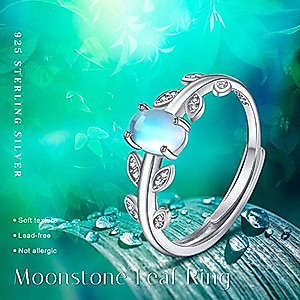 Midir&Etain Leaf Open Ring S925 Sterling Silver Adjustable Moonstone Ring Olive Nature Lover Jewelry Gifts for Women