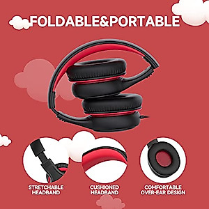 KLUGMIA Wired Kids Headphones, 85dB/94dB Volume Limited, Over Ear Headphones for Kids with in-line HD Mic, Audio Sharing, Foldable Kids Headphones Wired (Black red)