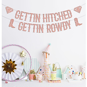 KEWUFD Gettin Hitched Gettin Rowdy Banner, Engagement/Bachelorette/Bridal Shower Party Decorations For Wedding Party Decoration Supplies Rose Gold Glitter