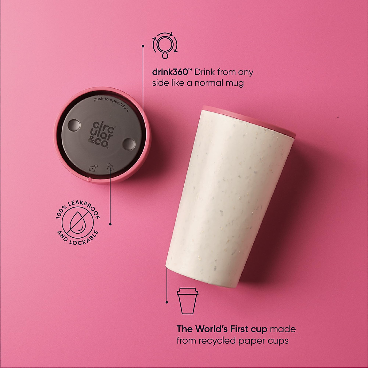 Circular & Co Reusable Coffee Cup - 12oz - 100% Leakproof Travel Mug - Made from Recycled Coffee Cups - Sustainble Coffee Tumbler - 360 Drinking - BPA Free - Dishwasher Safe