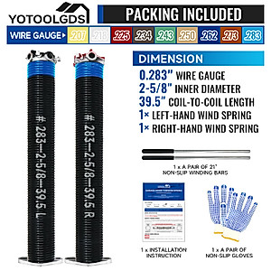 YoToolGDS Pair of 2 5/8" Garage Door Torsion Springs Set with Non-Slip Winding Bars&Gloves, Precision Electrophoresis Oil-Free Black Coated for Replacement, MIN 16,000 Cycles (0.283 x 2-5/8" x 39.5'')