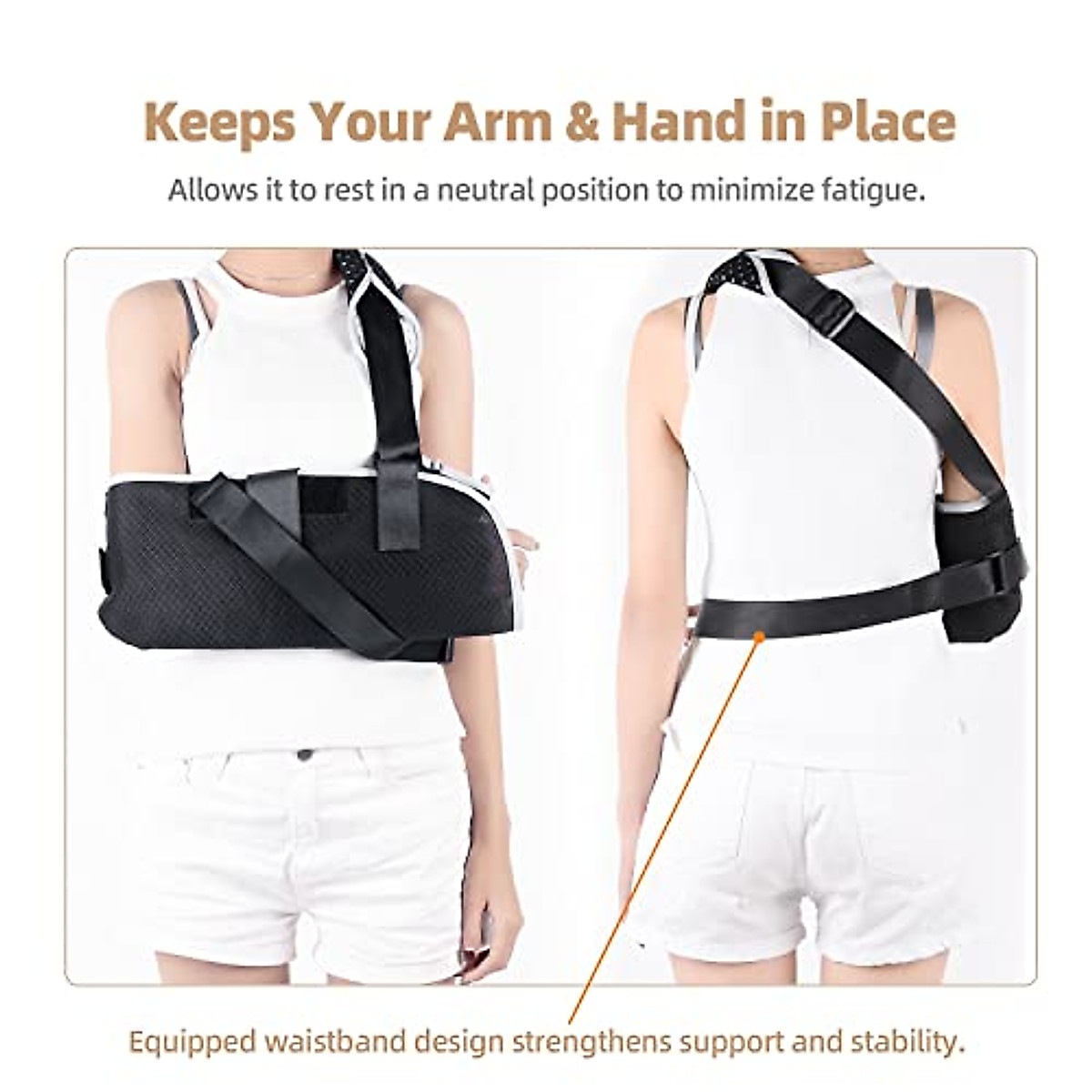 Solmyr Arm Sling for Broken Fractured Bones Elbow Wrist, Adjustable Shoulder Immobilizer & Rotator Cuff Support Brace, Split Strap and Waistband, Universal for Left and Right Arms, Men and Women(M)