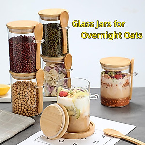 Recceng 4 Pack Overnight Oats Glass Containers with Lids and Spoons, 17 OZ Glass Jars with Spoons and Lids for Loose Tea, Meal Prep Jars with Bamboo Lids for Chia Pudding, Yogurt