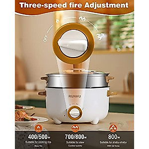 RUNHU Electric Hot Pot with Steamer, 4L Non-Stick Electric Frying Pan with Multi-Power Control, 3.1" Depth Multifunctional Cooker with Overheating Protection for Shabu Shabu, Noodles, Sauté (White)