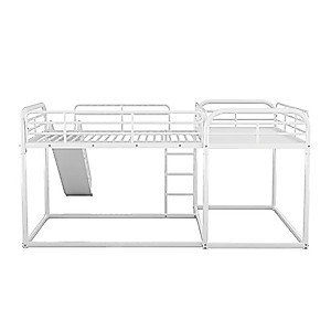 WOXYX Full and Twin Size L-Shaped Bunk Bed,Metal 4 Beds Frame with Slide and Short Ladder,Black
