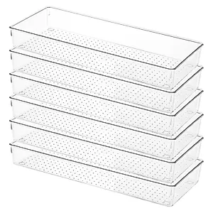 Voittozege 6 Pack Clear Drawer Organizer Trays Plastic Drawer Organizers Set 15 x 6 x 2 Inch Desk Drawer Divider Storage Bins Stackable Drawer Organizer Trays for Dresser Makeup Kitchen Office