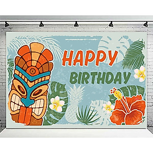 Happy Birthday Banner Backdrop Hawaii Aloha Totem Palm Tree Leaves Theme Decor for Tiki Bar Hawaiian Luau Summer Party Baby Shower Carnival Flag Decorations Favors Supplies Photography