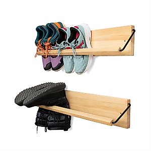 PeachyModern Wall Mounted Shoe Rack - A wooden, modern, slim, and small shoe storage solution for shoes and boots in narrow spaces, entryways, or hallways. (30-in-wide, Pack of 2)
