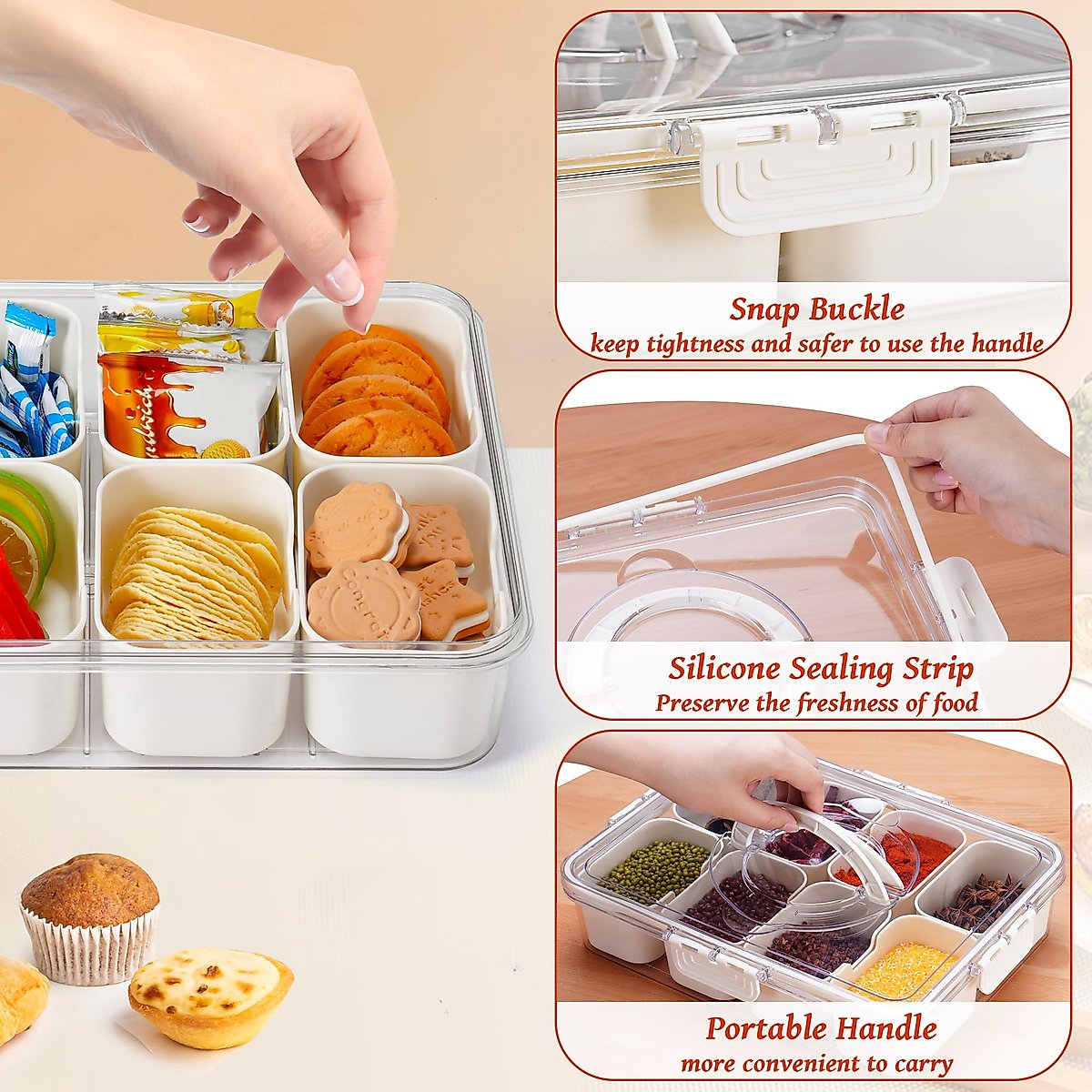 Snackle Box Container, Divided Serving Tray with Lid and Handle, Portable Snackle Box Charcuterie Container for Candy, Fruits, Veggie, Travel & Picnic (1 Pack with 8 Compartments)