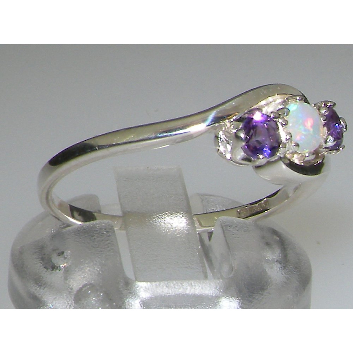 LetsBuyGold 925 Sterling Silver Real Genuine Opal & Amethyst Womens Band Ring - Size 7