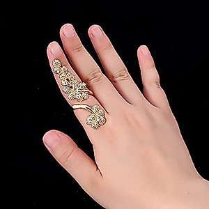 Big Twisted Leaf Flower Statement Ring for Women Girls Gold Plated CZ Open Band Adjustable Expandable Knuckle Rings Comfort Fit Retro Bohemian Bollywood Mother's Day Christmas Jewelry Gift
