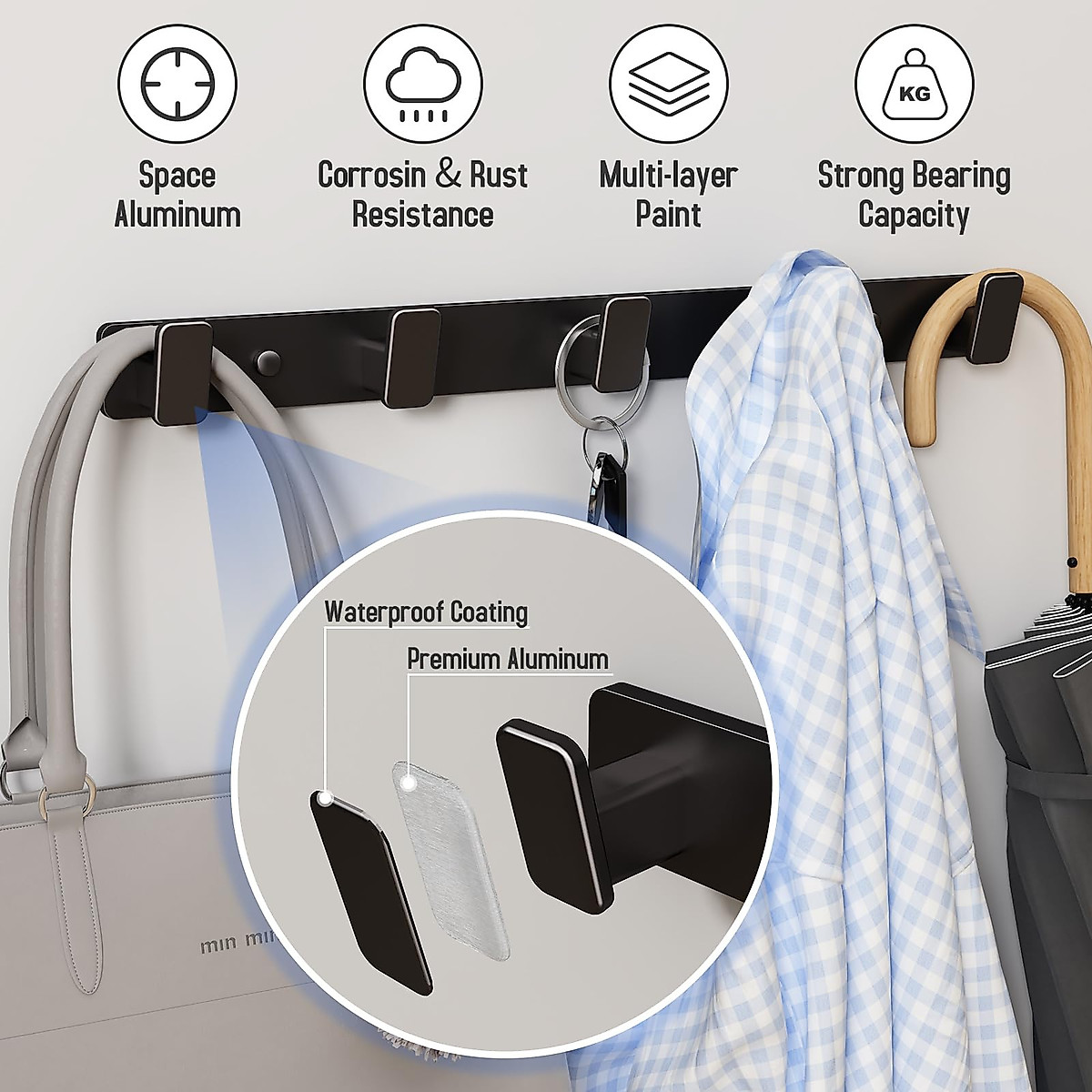 Coat Hook Wall Rack Hanger - Black Coat Rack with 5 Hooks Wall Hooks for Hanging Hat Key Bag Towel Wall Mount Coat Rack