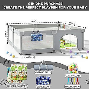Baby Playpen with Mat 79" X 71", Extra Large Play Yard for Babies and Toddlers, Indoor/Outdoor Playpen, Sturdy Design with Gates, Play Pin, Baby Play Area with Ocean Balls