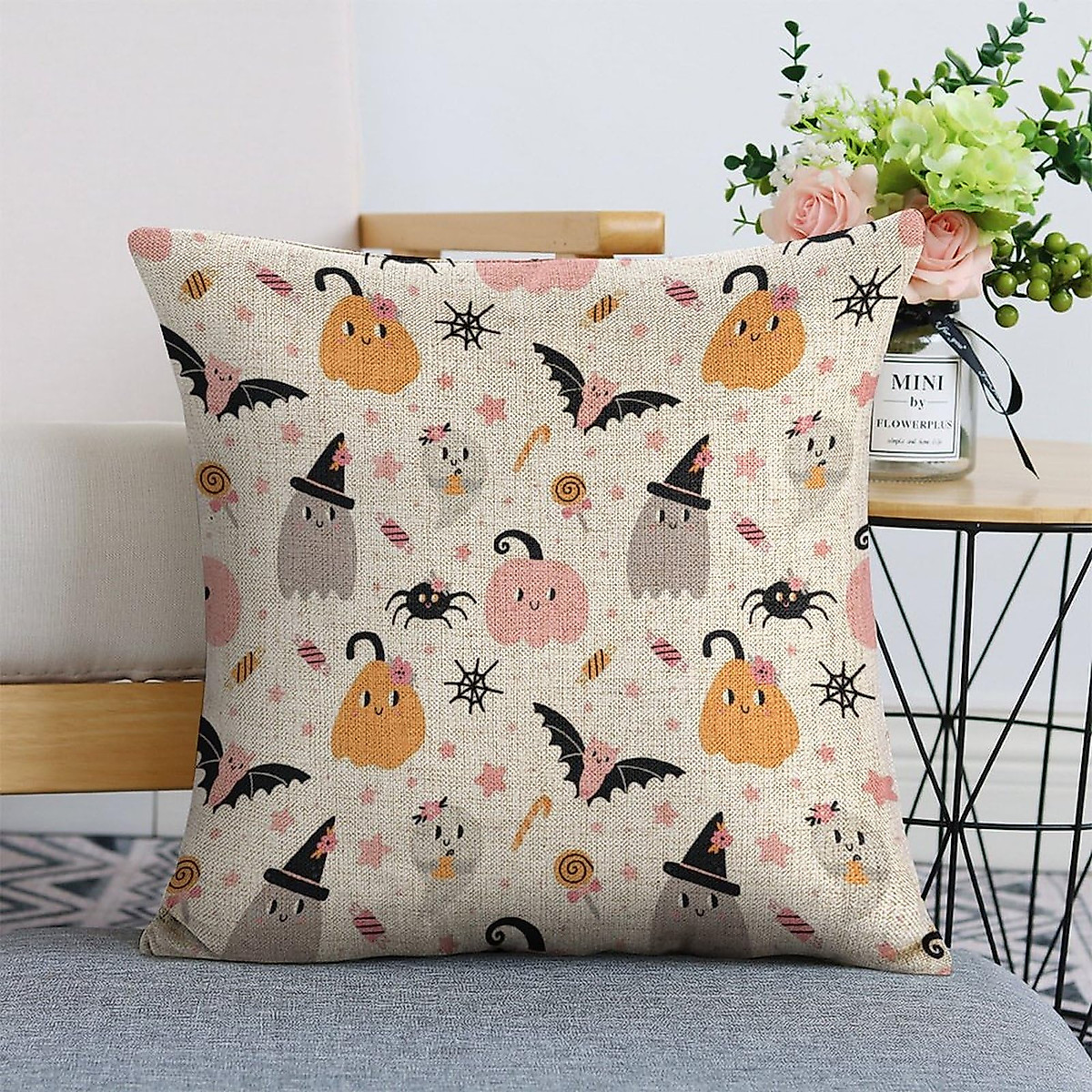 Cute Halloween Ghost Cat Throw Pillow Covers 18×18 Pillowcases Set of 2 Autumn Pumpkin Linen Decorative Square Pillow Case Cushion Covers Standard Size for Sofa Couch Outdoor Bed Pillow Protectors