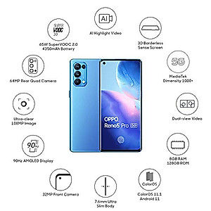 OPPO Reno5 Pro 5G Dual-SIM 128GB ROM + 8GB RAM (GSM only | No CDMA) Factory Unlocked 5G Smartphone (Astral Blue) - International Version