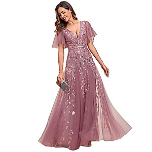 Ever-Pretty Women's Sequin Sparkly V-Neck Short Sleeve Maxi Evening Dress Prom Gowns Orchid US12